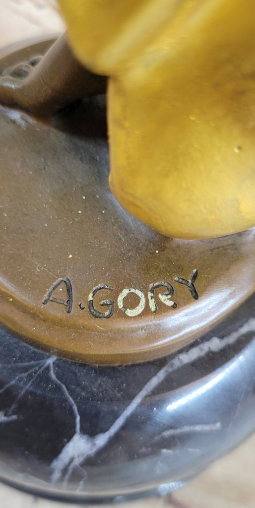 SIGNED GOLD PATINA ART DECO BRONZE SCULPTURE BY A. GORY NOUVEAU MARBLE ...