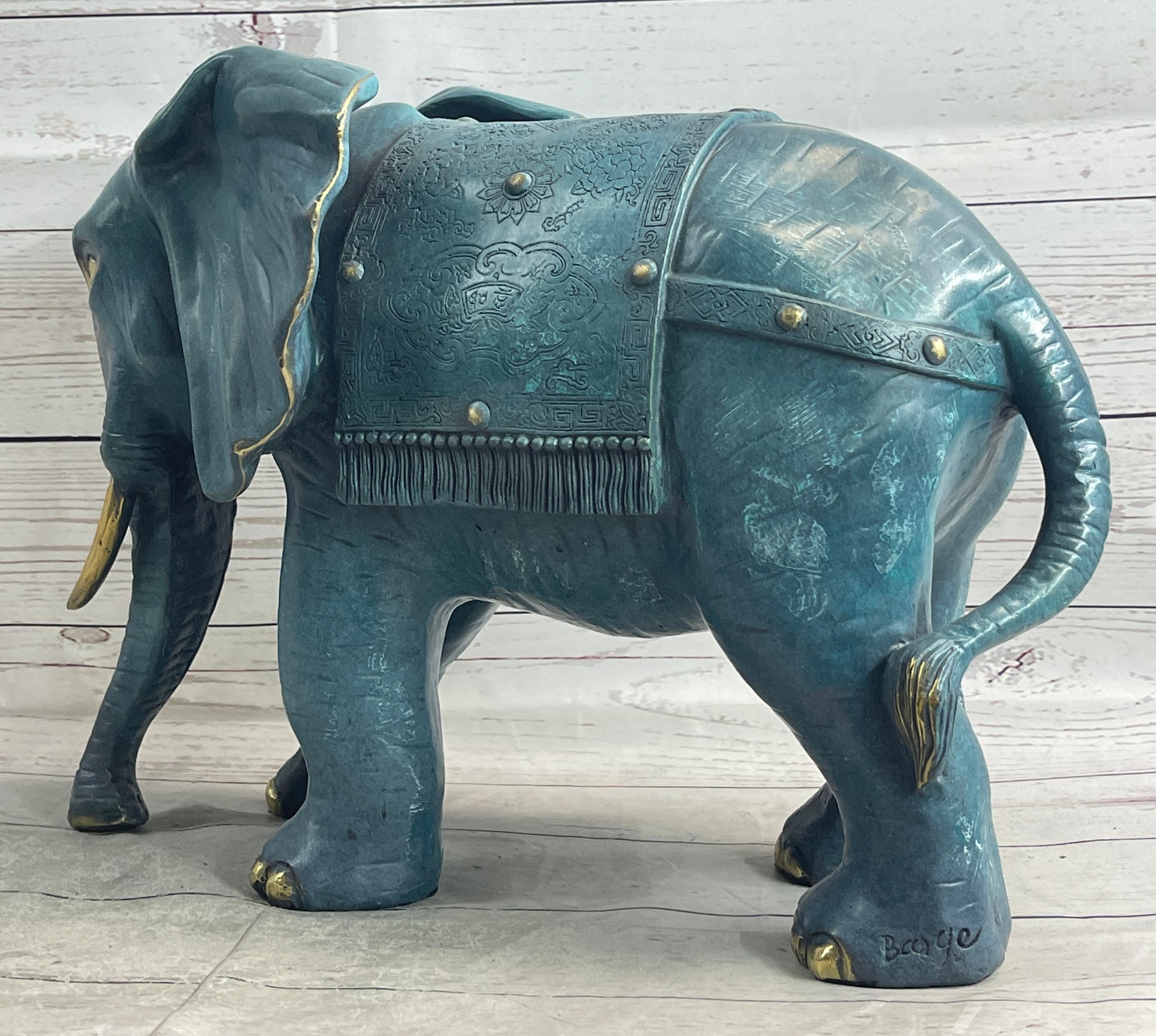 Extra Large Heavy Wildlife Elephant by French Artist Barye Green Patin ...