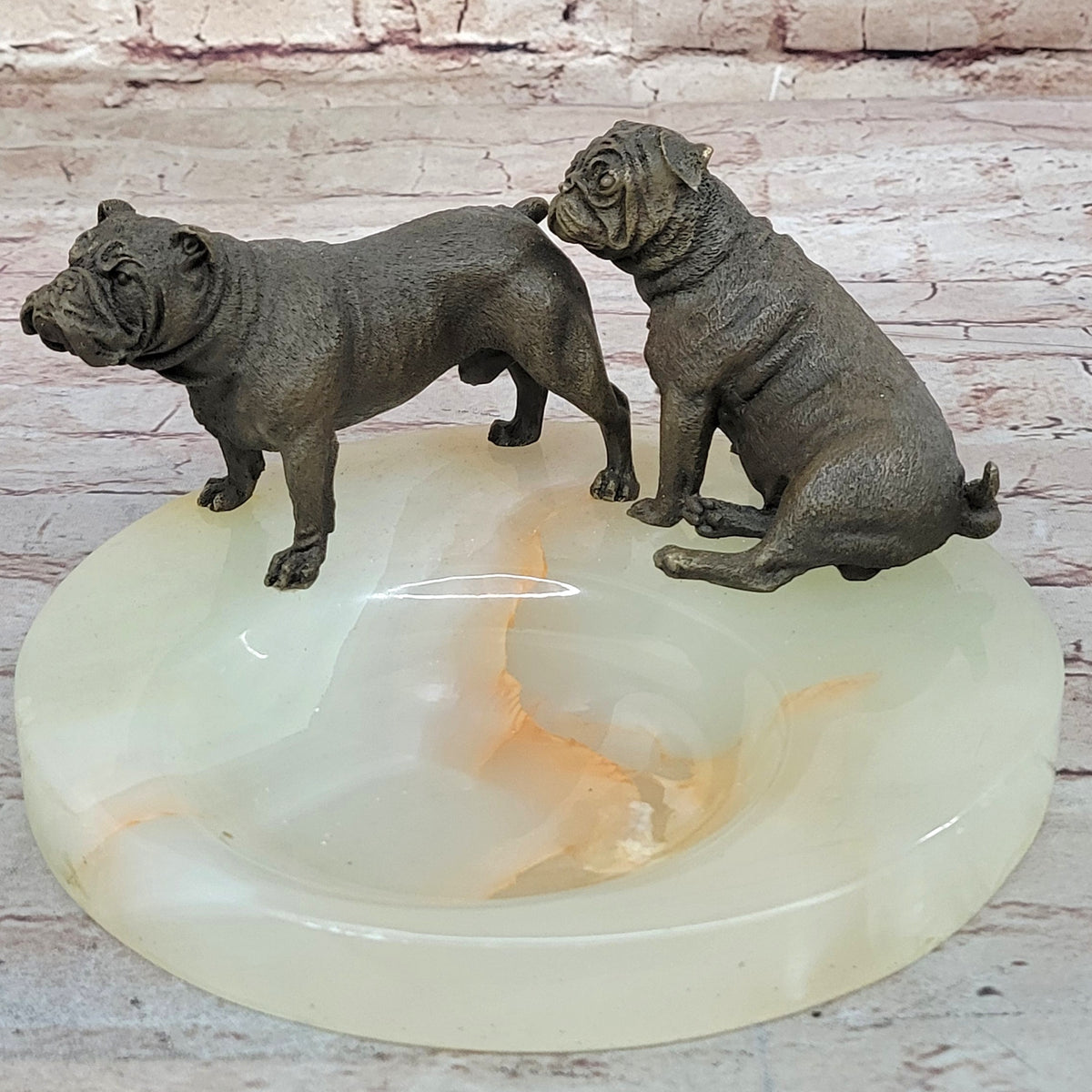 Bronze Bulldog & Pug Dog Figurines on Marble - Soap Dish Ashtray Handm ...