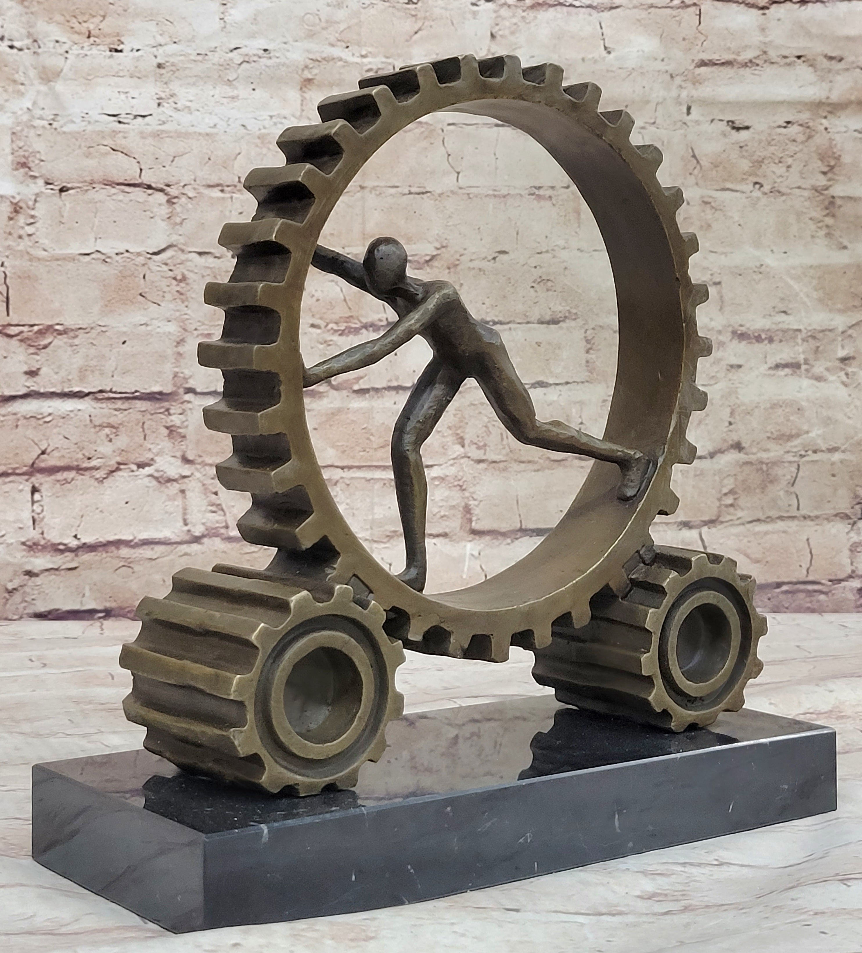"Cog in the Machine" Figure Pushing Gear Wheel Abstract Bronze Statue ...