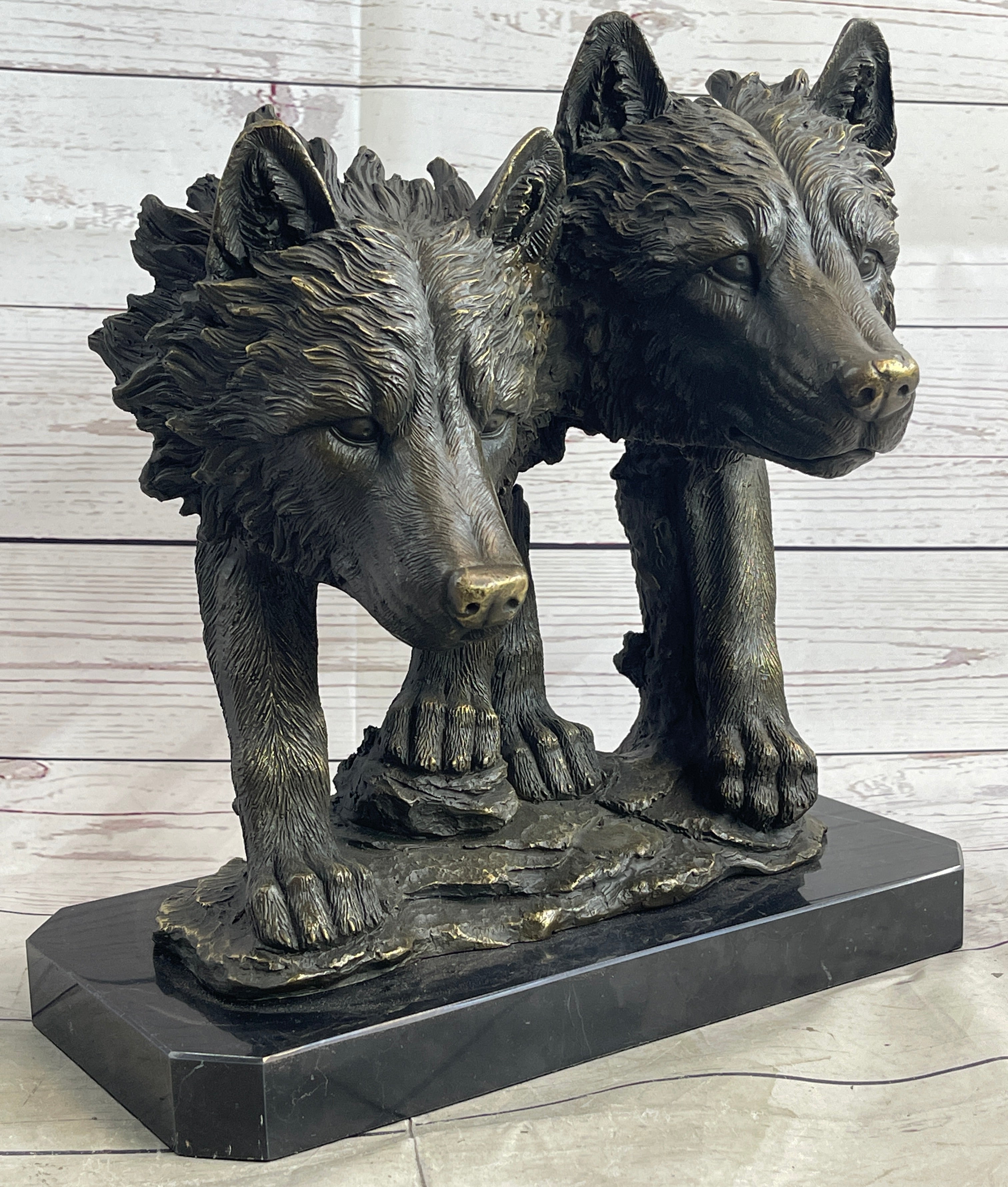 Dual Wolf Bust Sculpture Statue Two Wolves Bronze Metal Decor Signed O ...