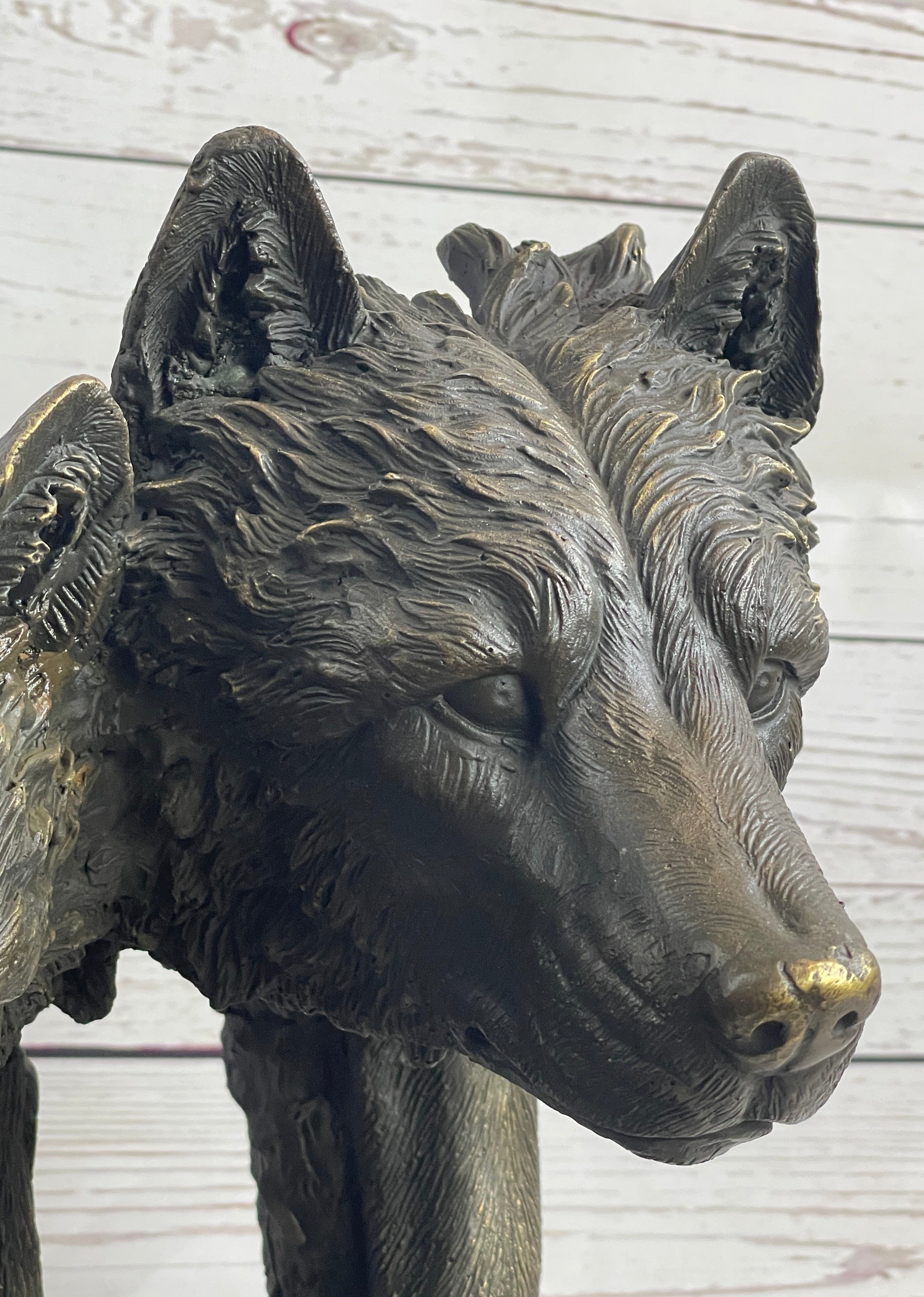 Dual Wolf Bust Sculpture Statue Two Wolves Bronze Metal Decor Signed O ...