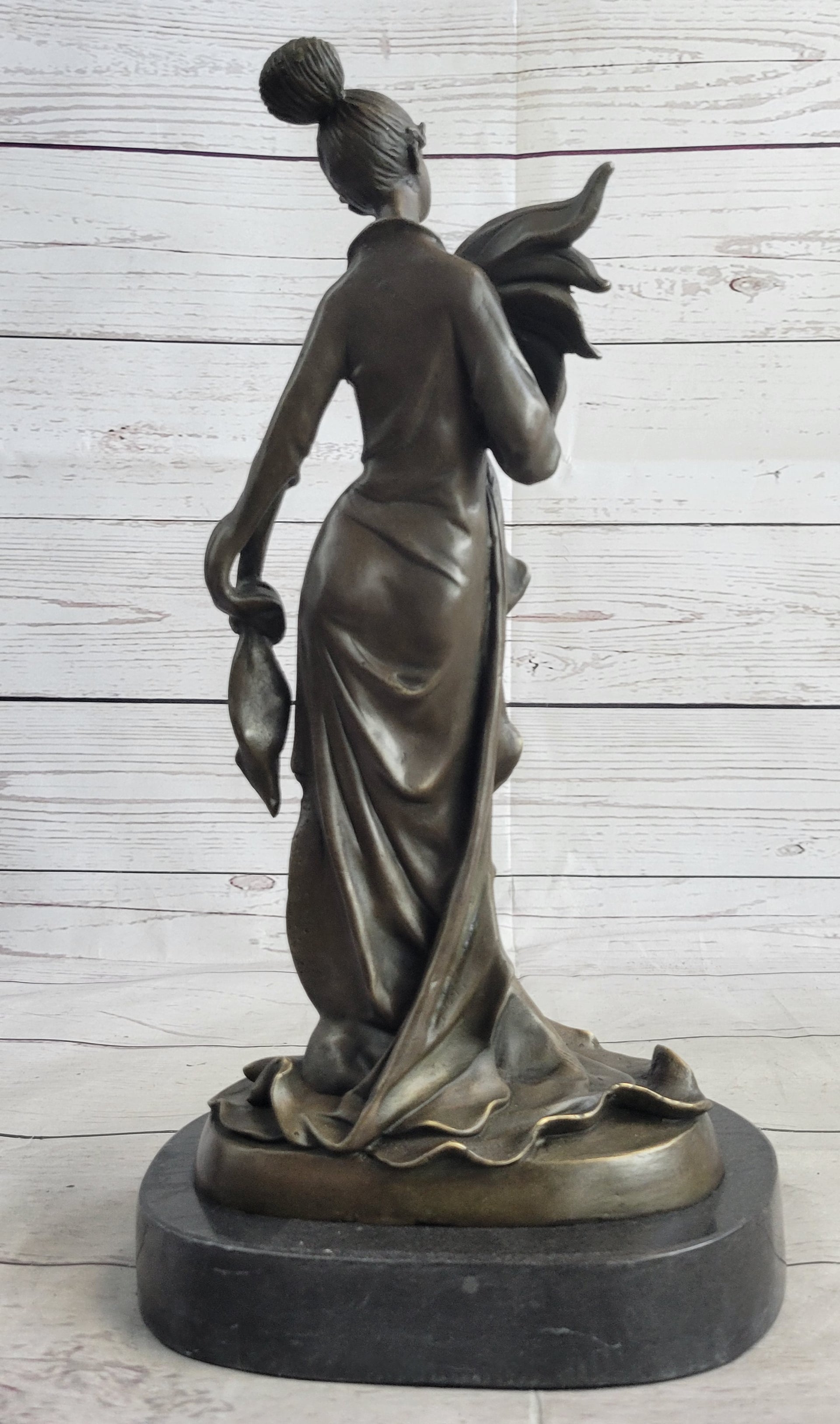 Real Bronze Metal Stone Statue Classical Victorian Woman Lady Feather ...