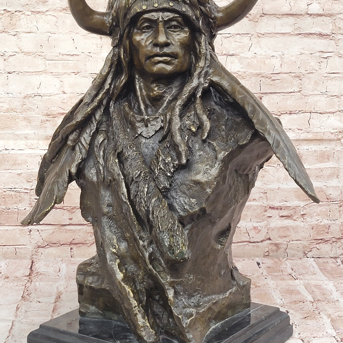 Bronze Native American Warrior Bust – Tribal Chief Statue on Marble Ba ...