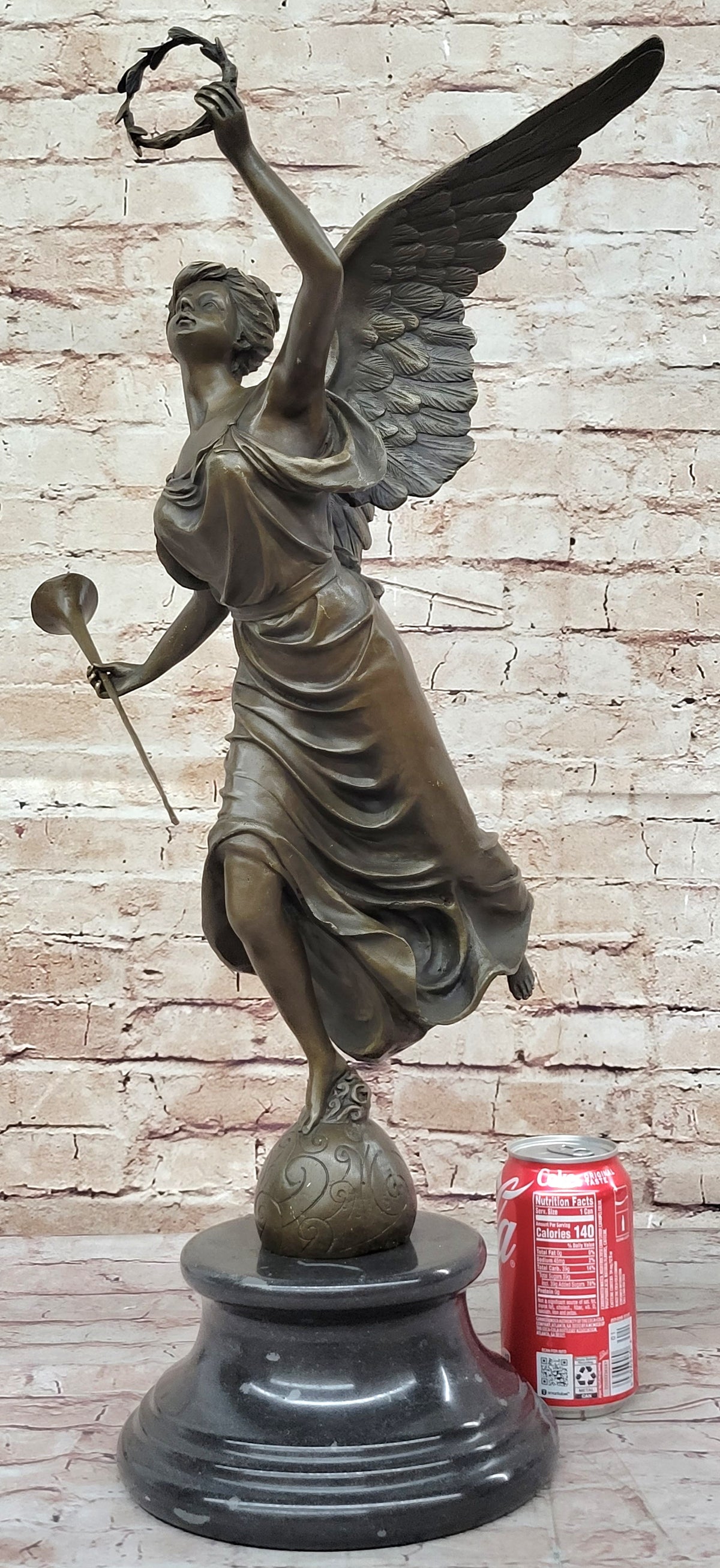 Angel Winged Female Figure Holding Wreath & Trumpet Horn Bronze Sculpt ...