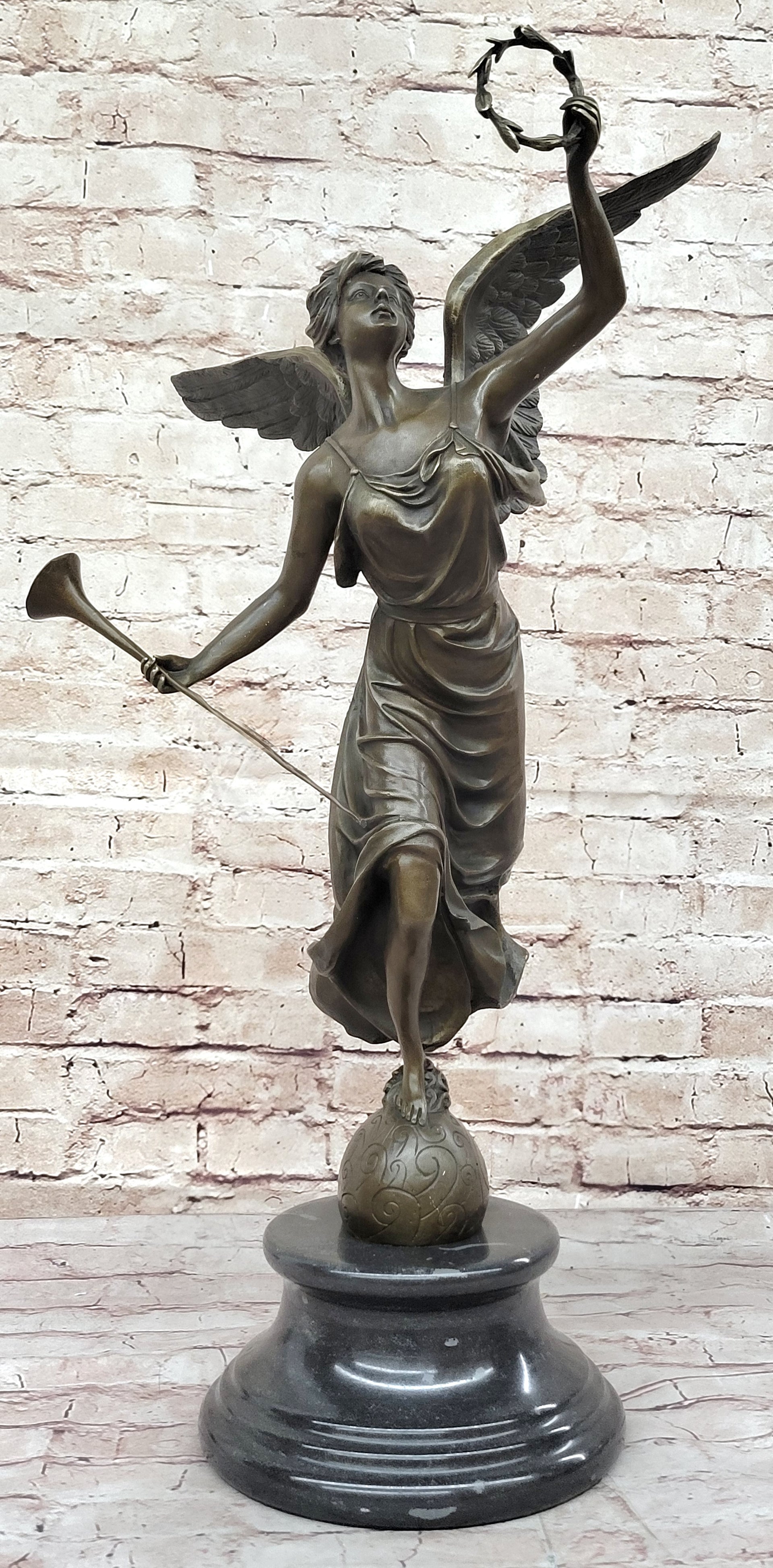 Angel Winged Female Figure Holding Wreath & Trumpet Horn Bronze Sculpt ...