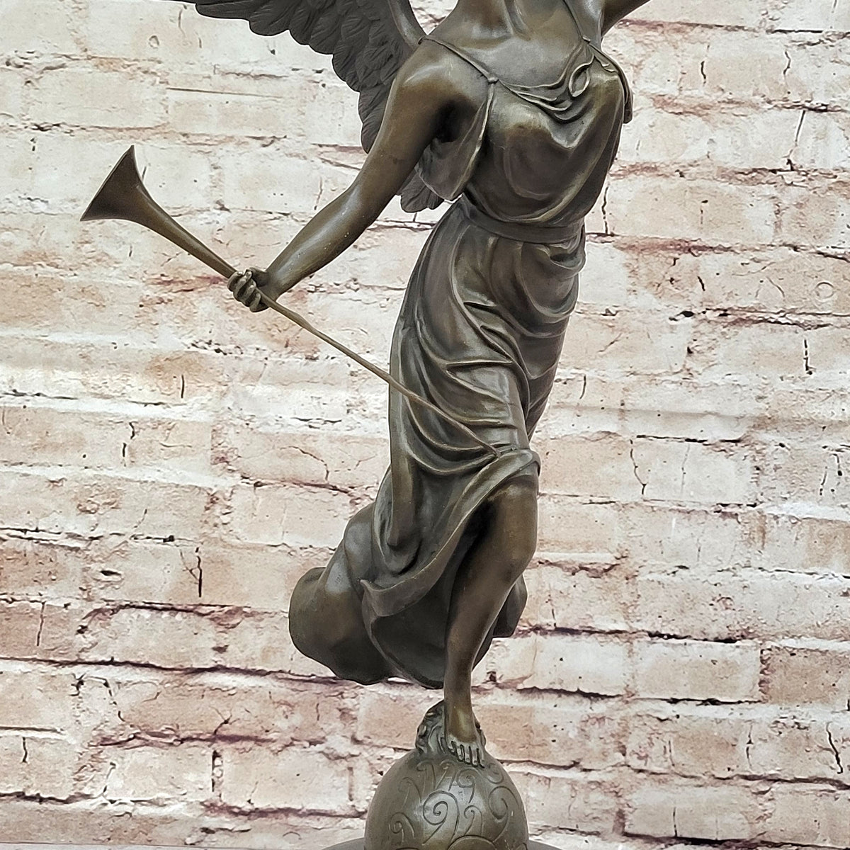 Angel Winged Female Figure Holding Wreath & Trumpet Horn Bronze Sculpt ...
