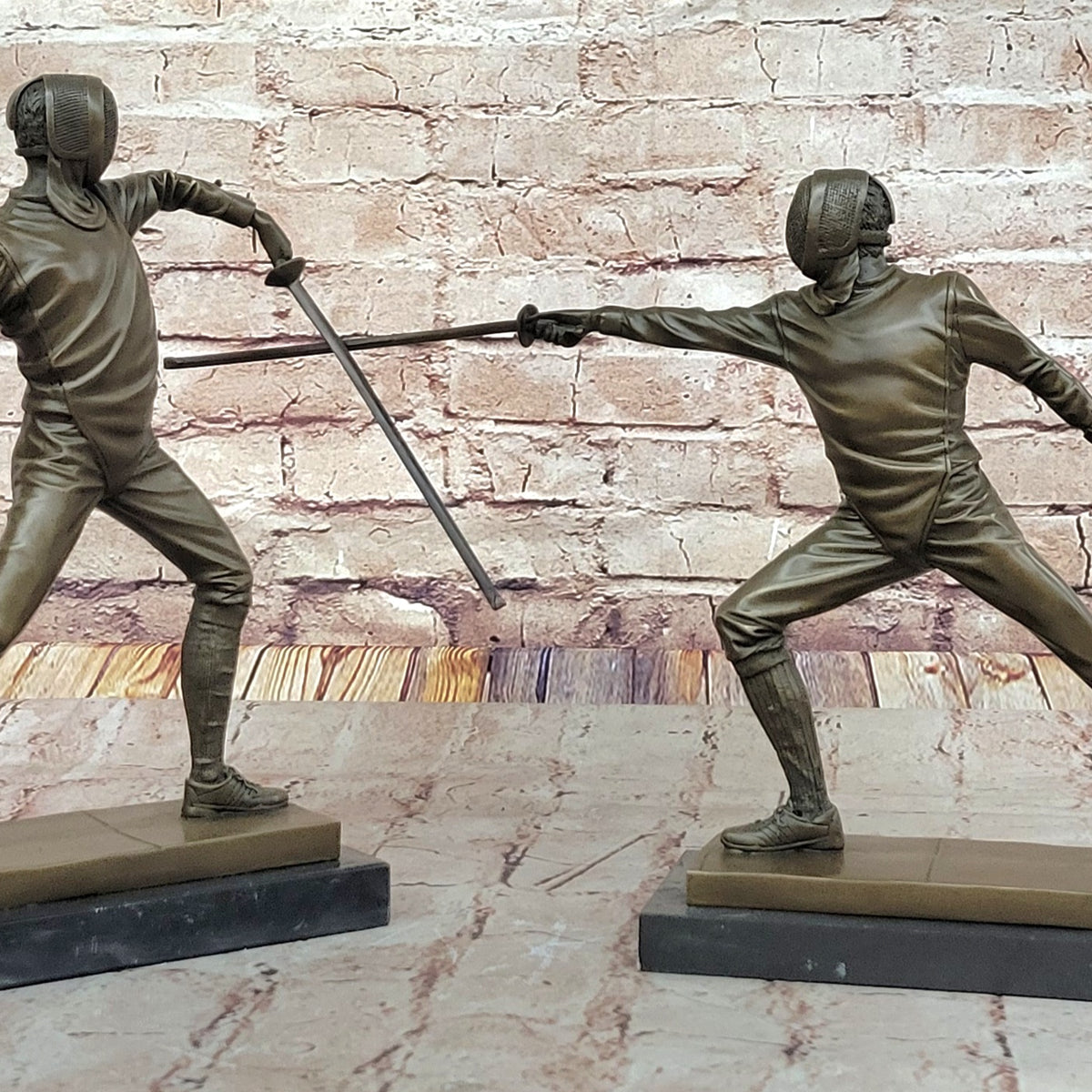 Pair of Fencers Fencing Bronze Bookend Sculptures Figurines on Marble ...
