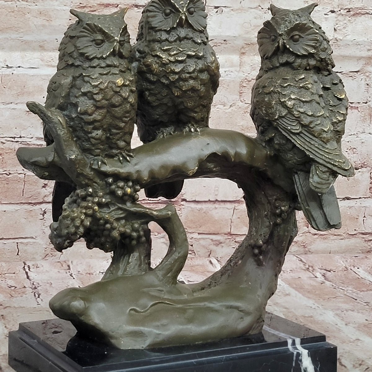 Bronze Owl Trio Sculpture – Wise Owls on Branch Statue Decor – Bronzhaus