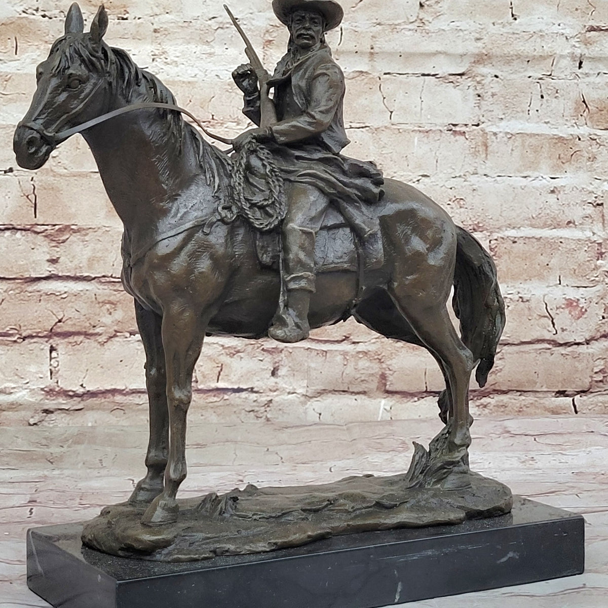 Hot Cast Remington Tribute Cowboy Riding Horse Bronze Sculpture Marble ...