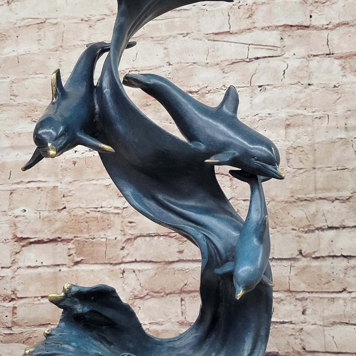 Four Swimming Dolphins Bronze Sculpture Statue Original Art Blue Green ...
