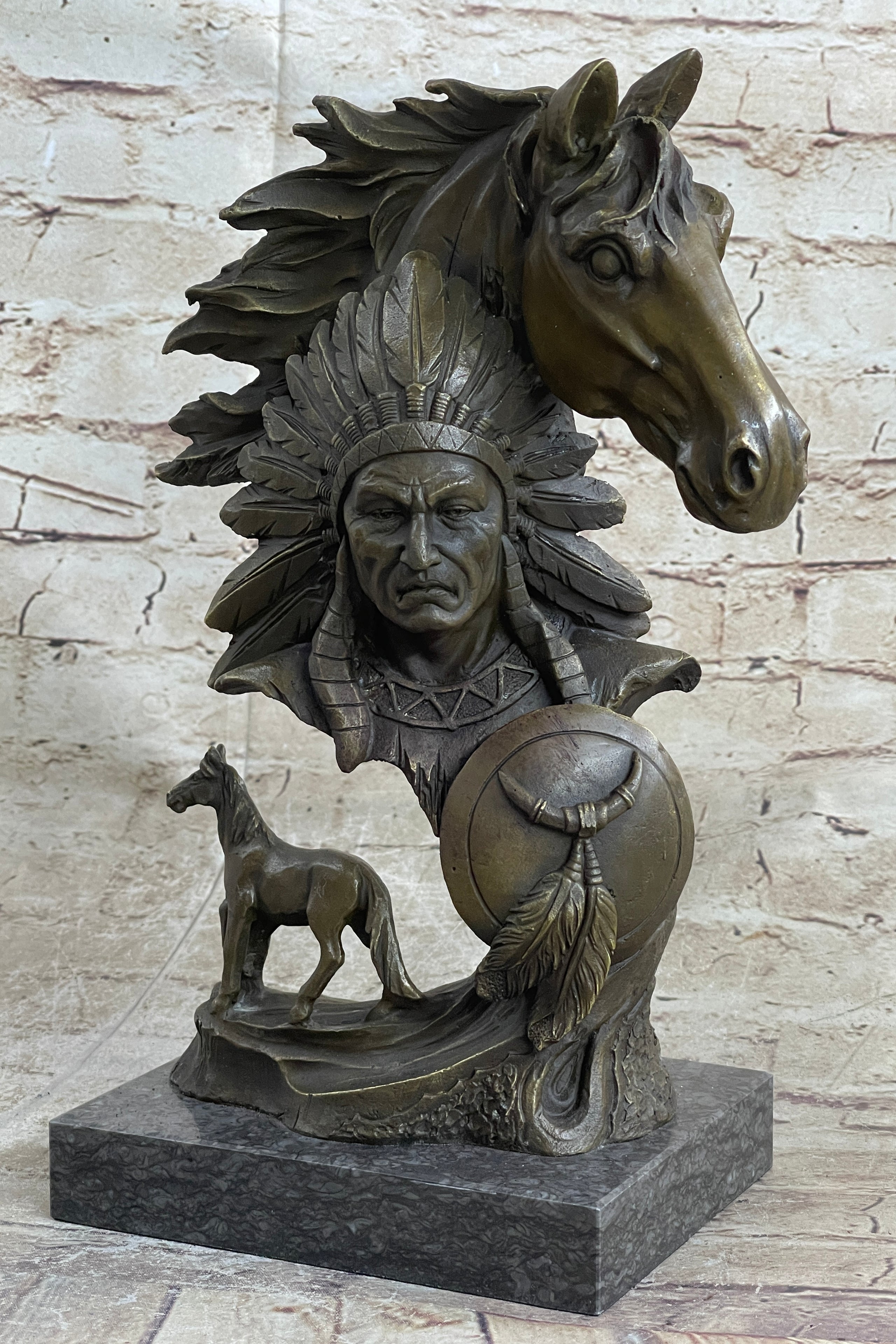 Native American Indian Bust w/ Horses Bronze Statue Sculpture Original ...