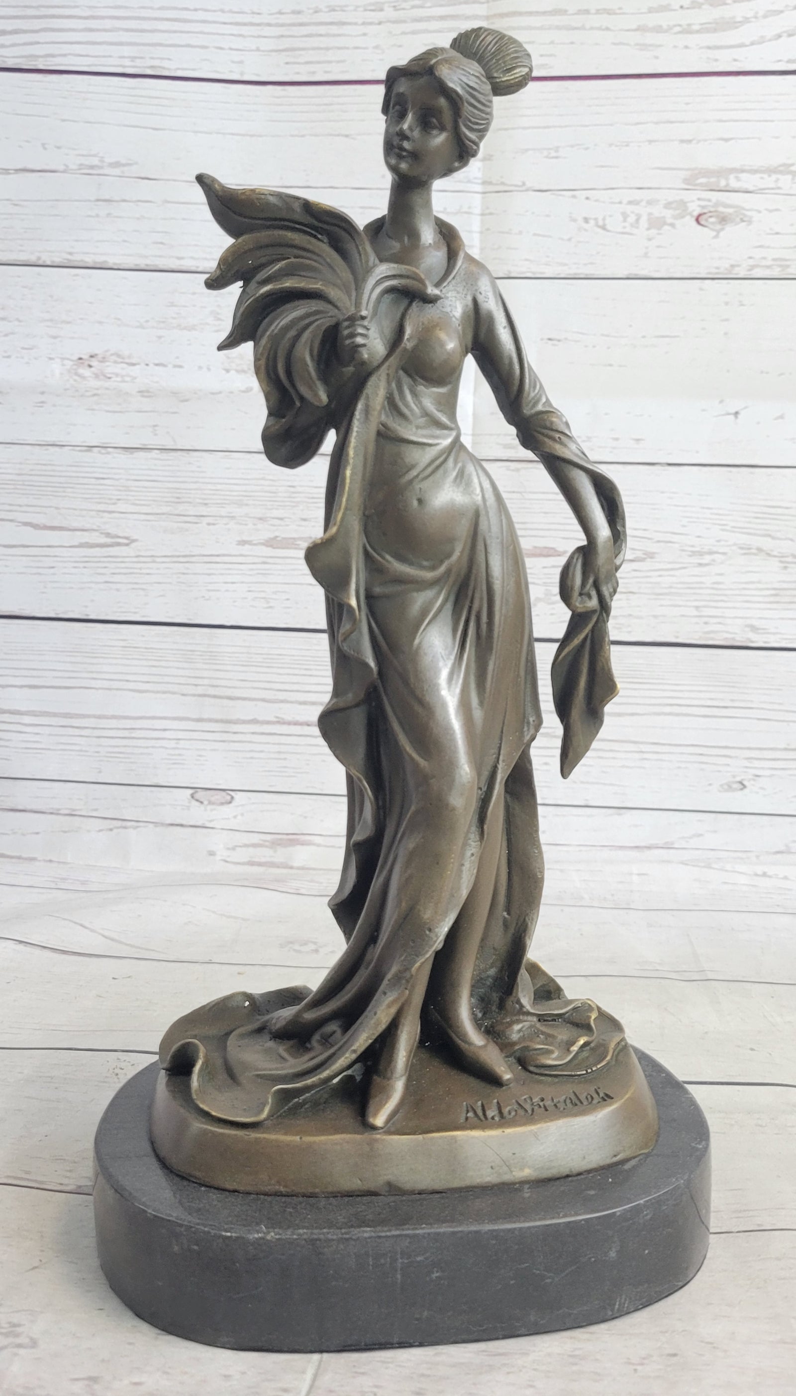 Real Bronze Metal Stone Statue Classical Victorian Woman Lady Feather ...