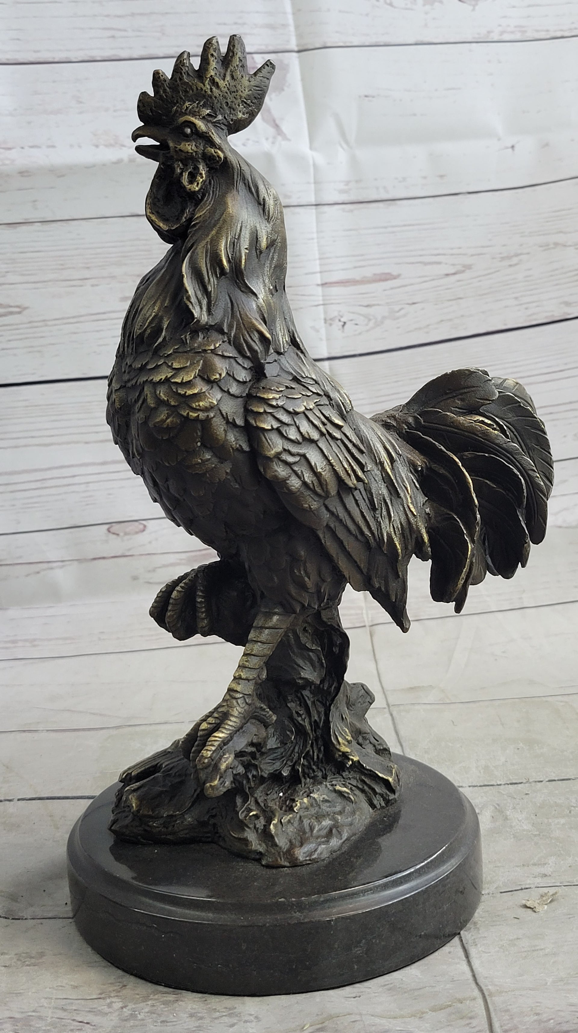 Rooster Chicken Farm Bronze Sculpture Statue Figure on Marble Base Sig ...