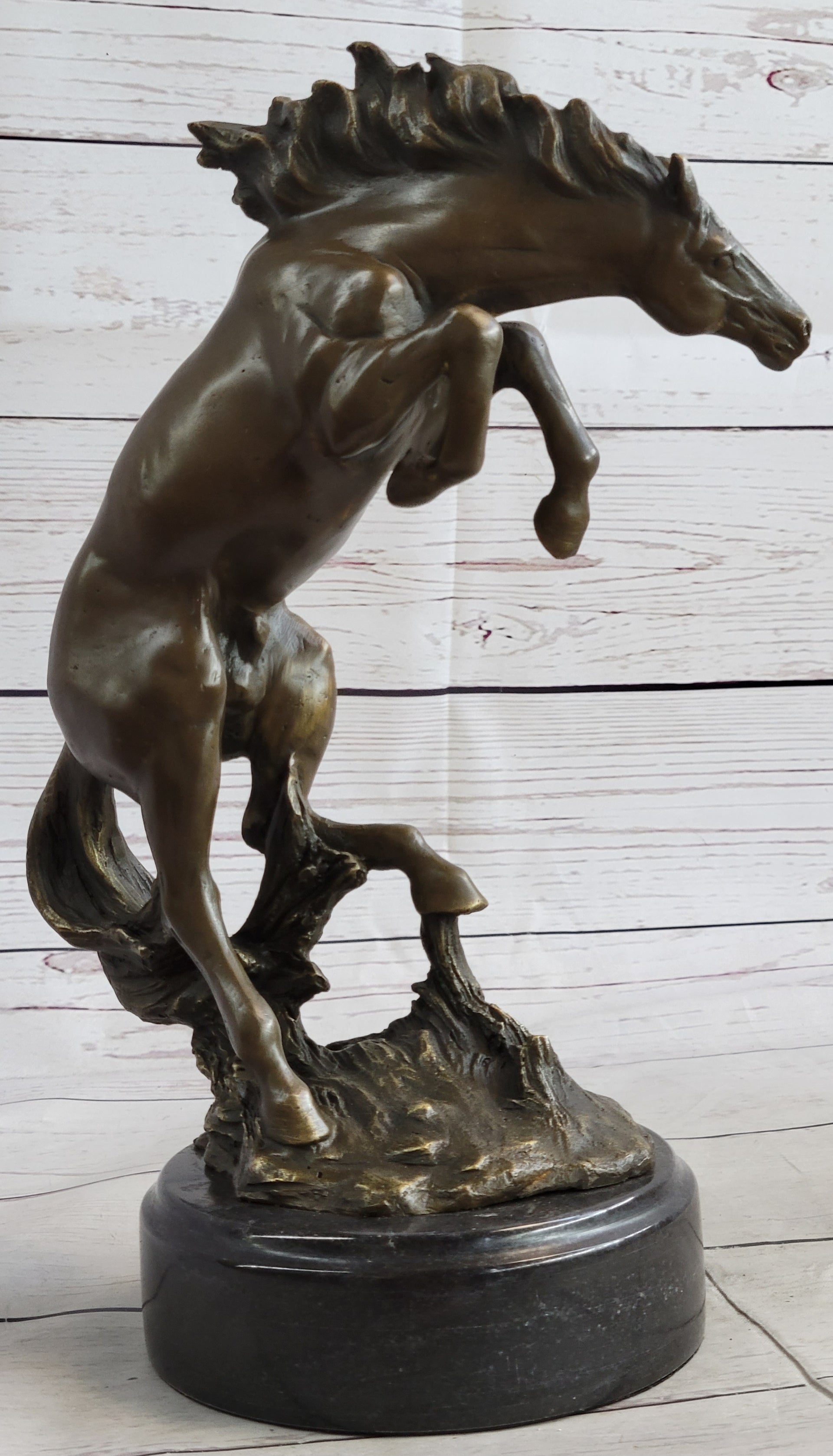 Rearing Horse Bronco Stallion Bronze Statue Sculpture Figure Marble Ba ...