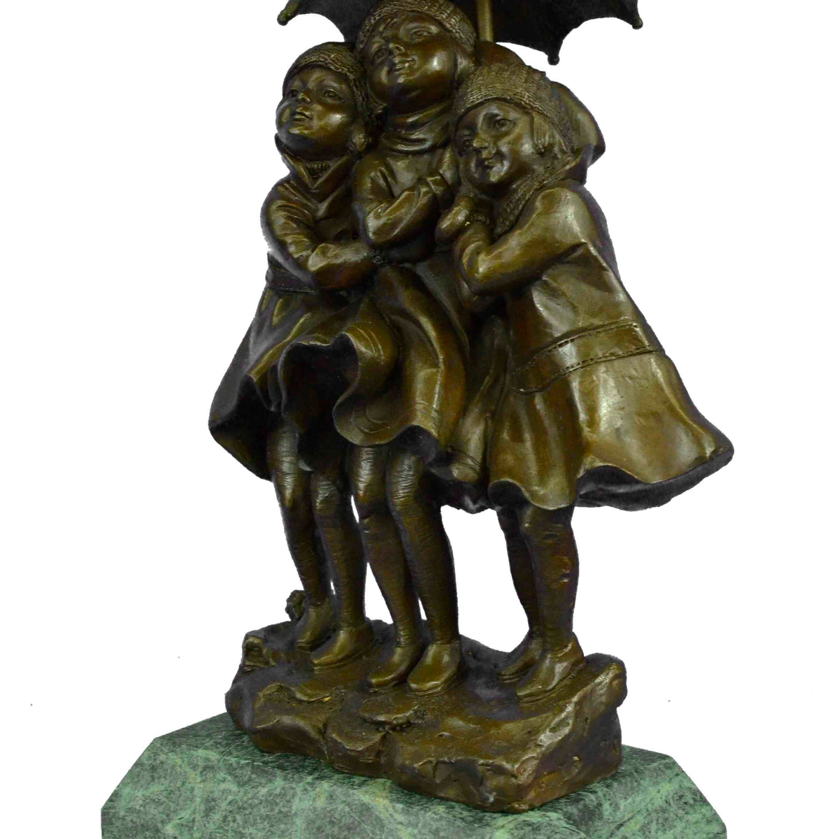 Signed D.H Chiparus Children Under Rain Bronze Sculpture W/ Green Marb ...