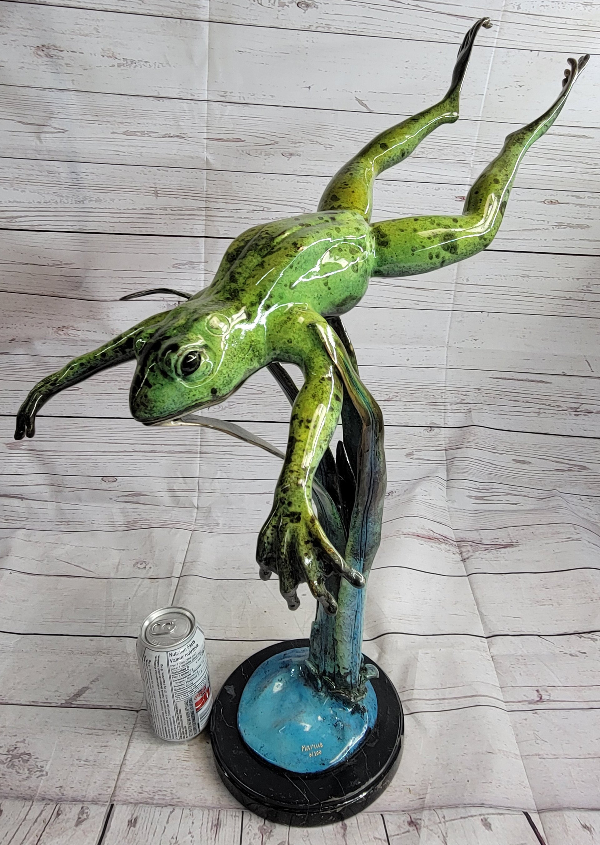 Leaping Frog Bronze Metal Statue Sculpture Painted Decor on Marble Bas ...