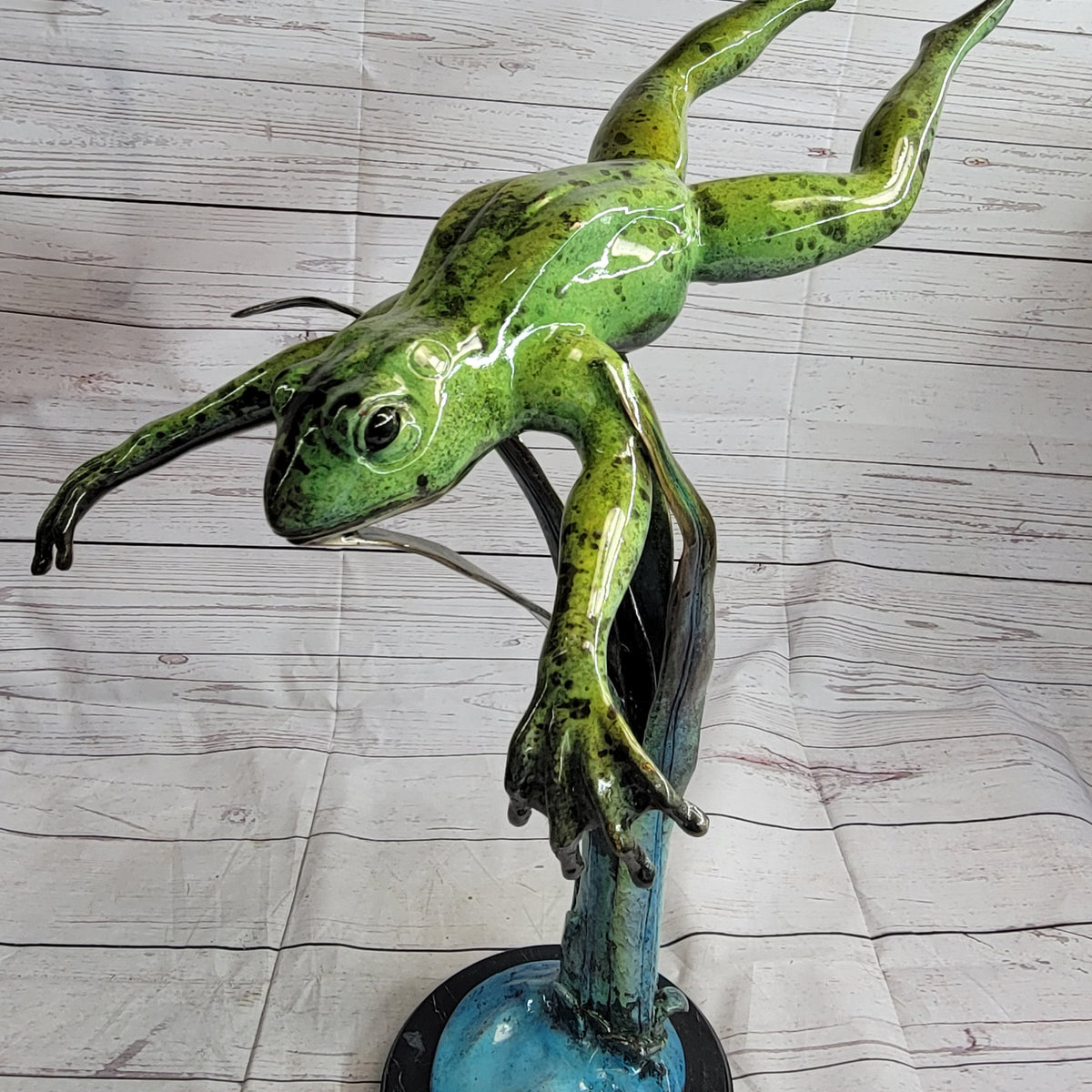 Leaping Frog Bronze Metal Statue Sculpture Painted Decor on Marble Bas ...