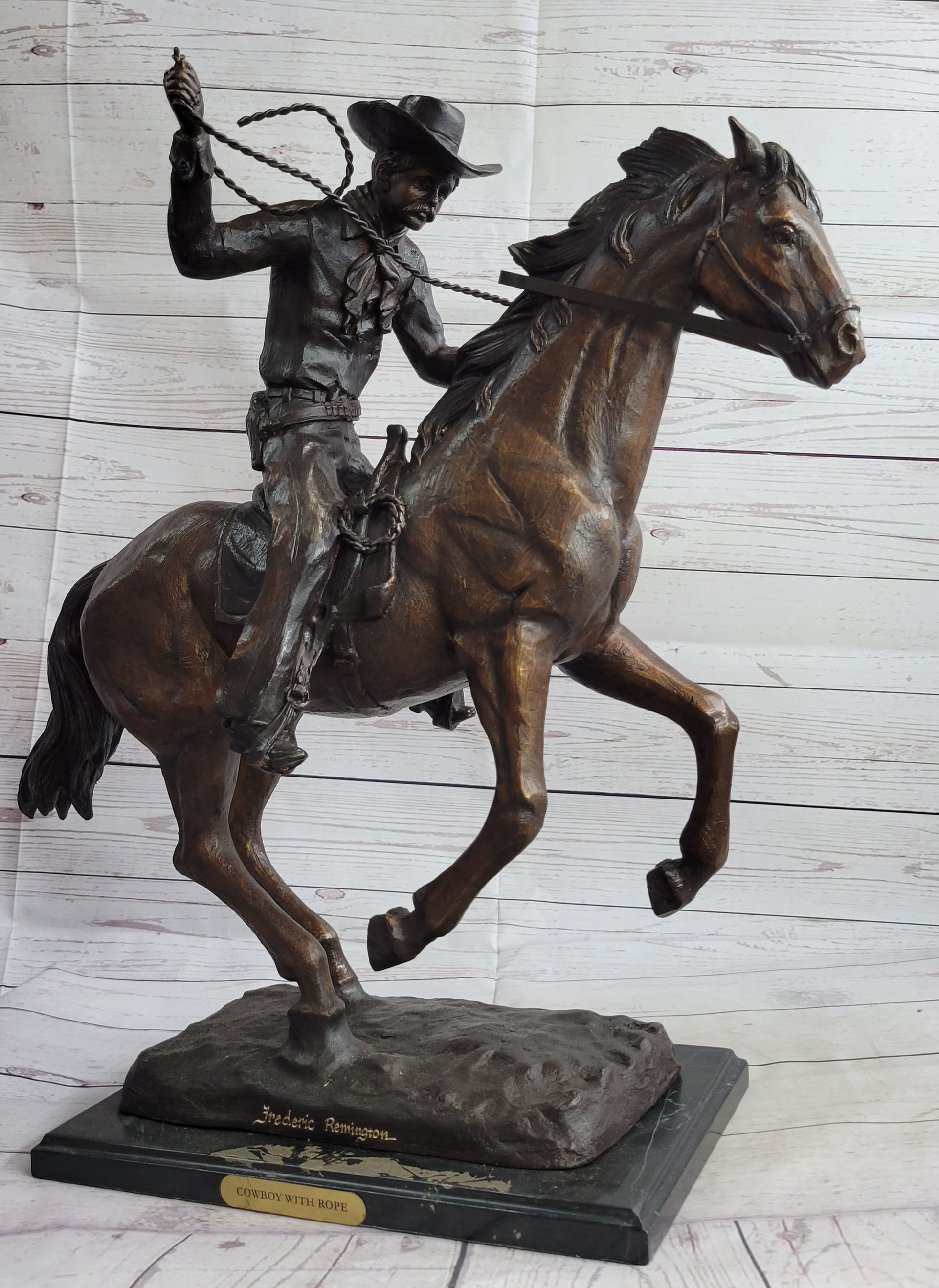 Cowboy with Rope on Horseback Country Western Bronze Sculpture Statue ...