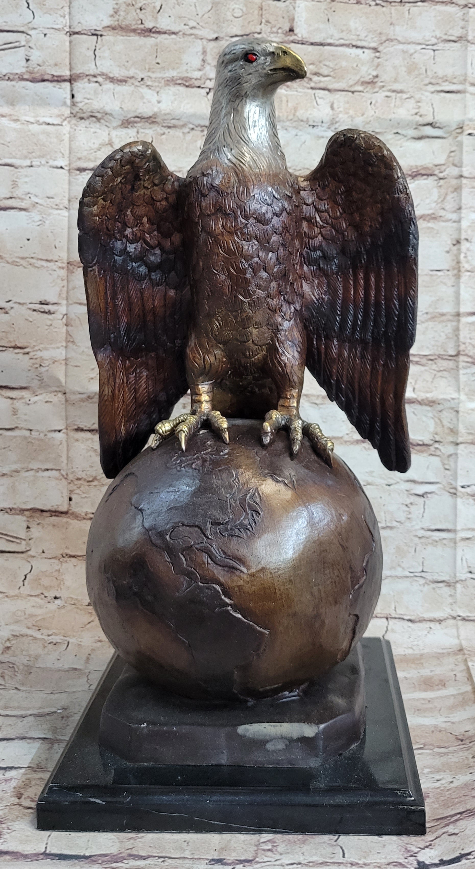 American Bald Eagle Perched on Globe Planet Earth Bronze Statue Sculpt ...