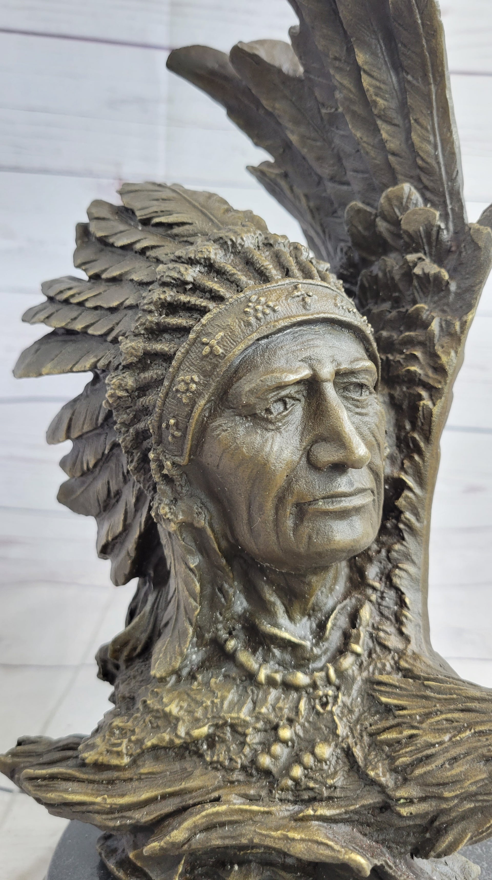 Native American Man & Eagle Bronze Metal Bust Sculpture Statue on Marb ...