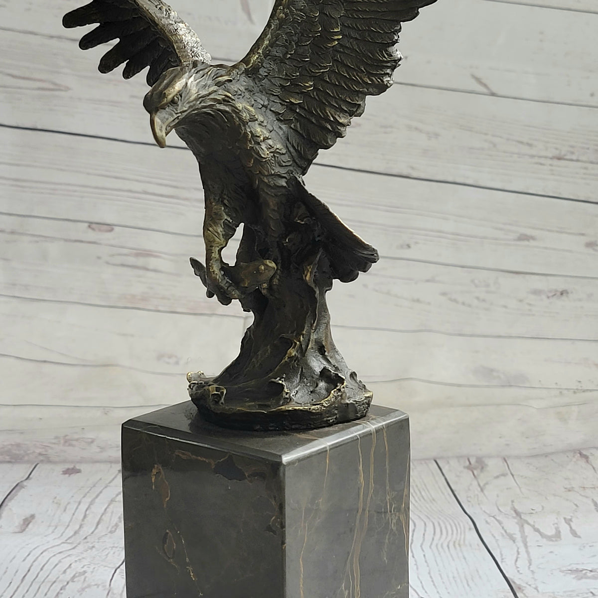 American Bald Eagle Holding Fish Bronze Sculpture Statue on Marble Bas ...