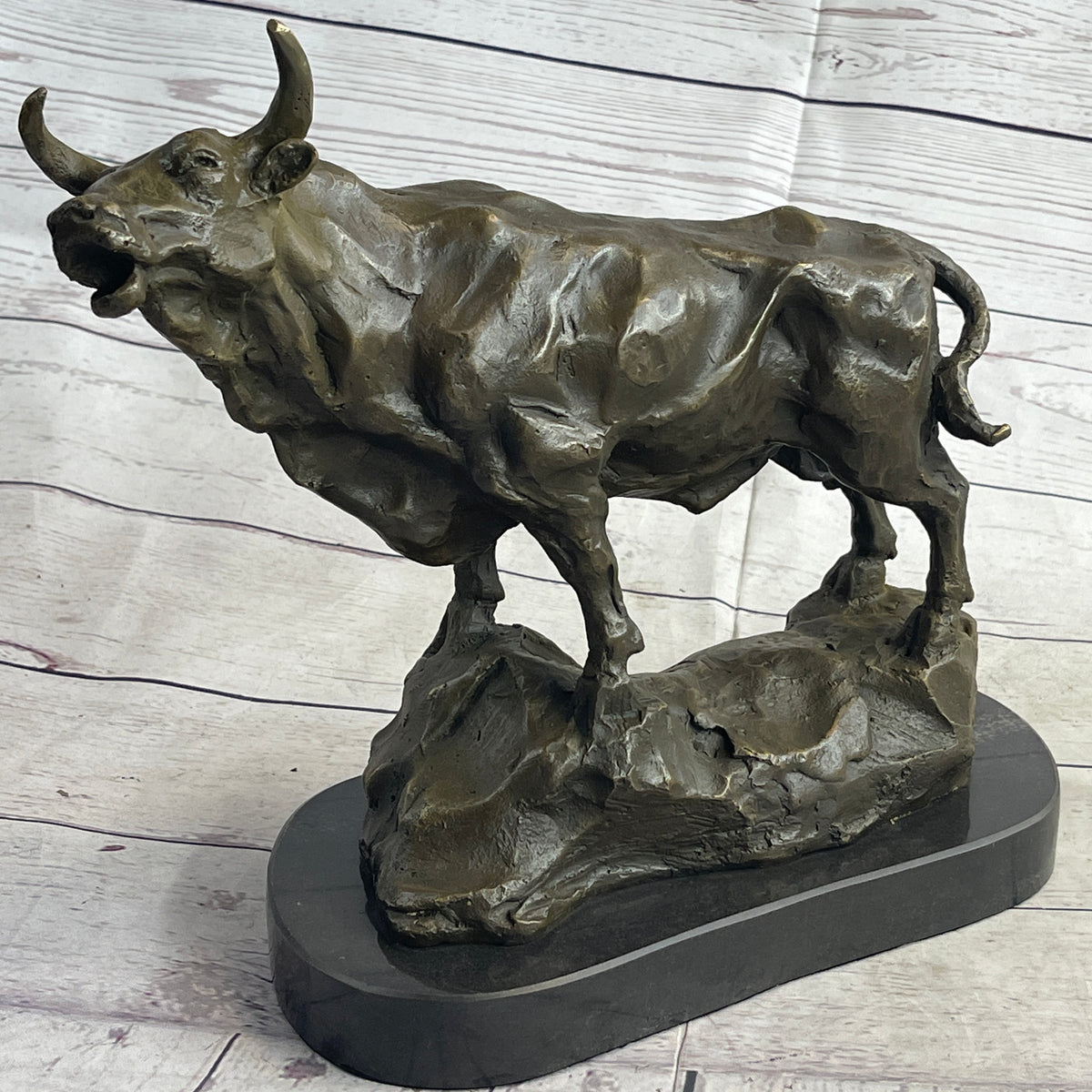 Bull Cow Cattle Farm Animal Bronze Metal Statue Sculpture on Marble Ba ...