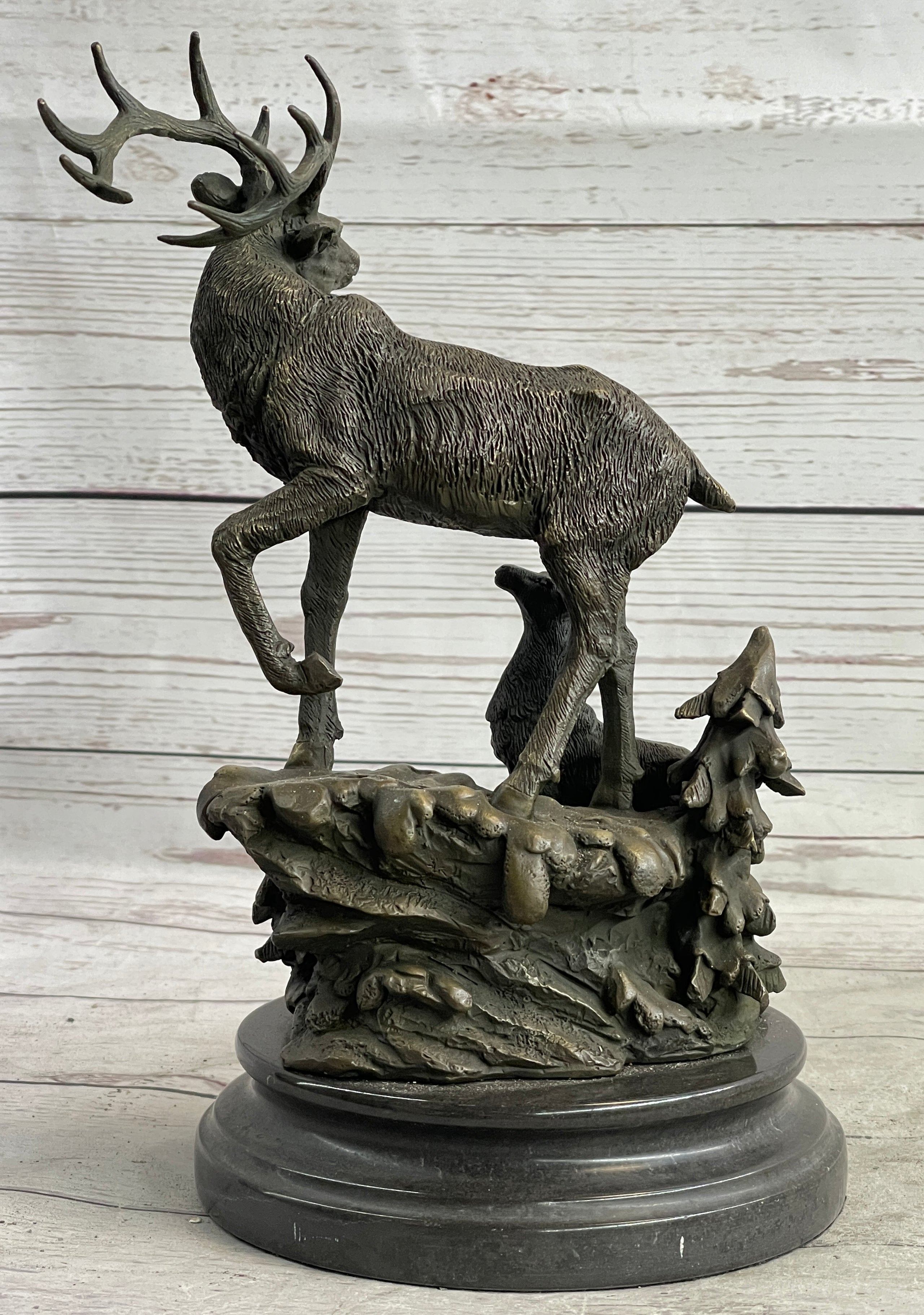 Signed Original Male Stag with his Baby Fawn Bronze Sculpture Marble B ...