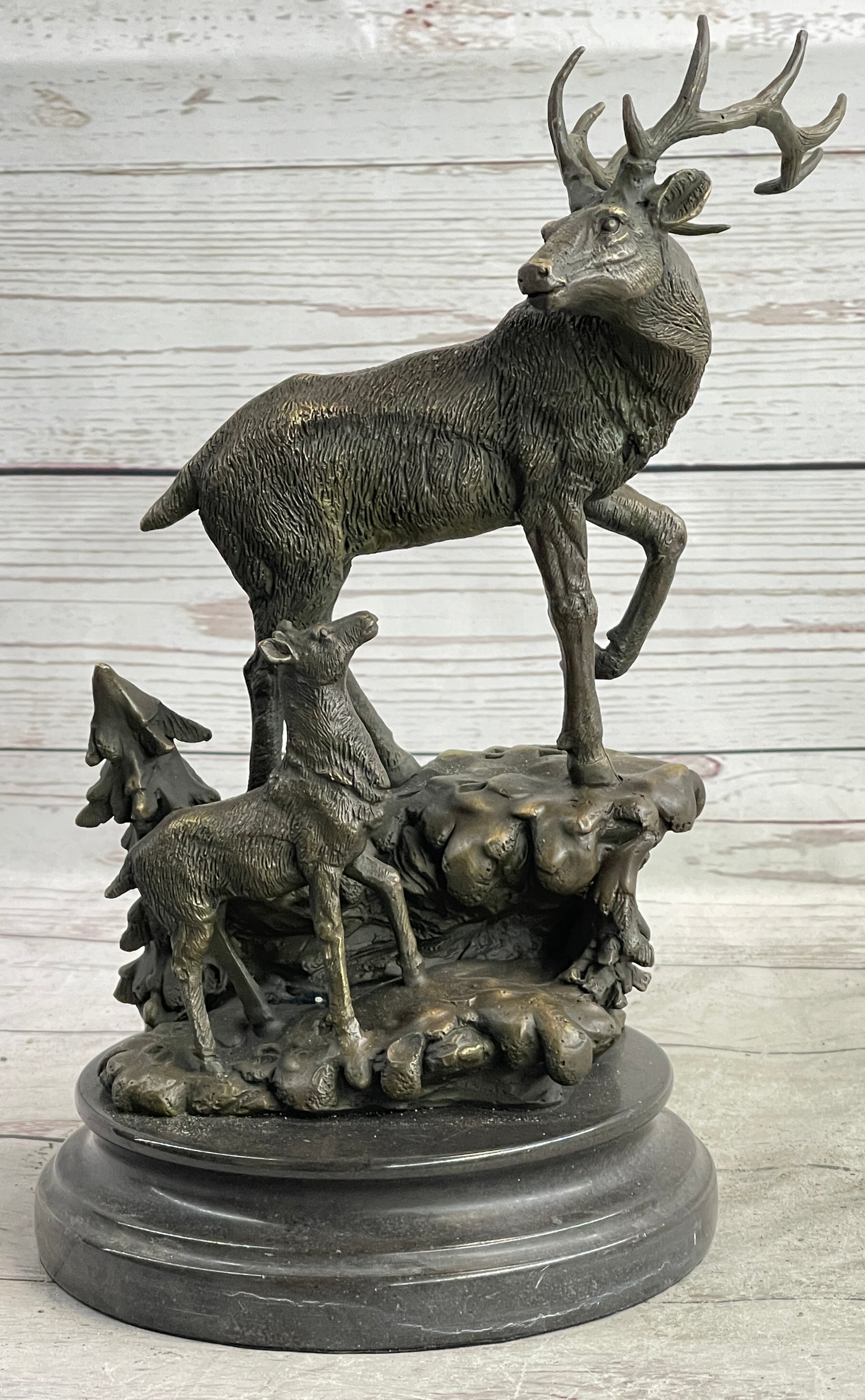 Signed Original Male Stag with his Baby Fawn Bronze Sculpture Marble B ...