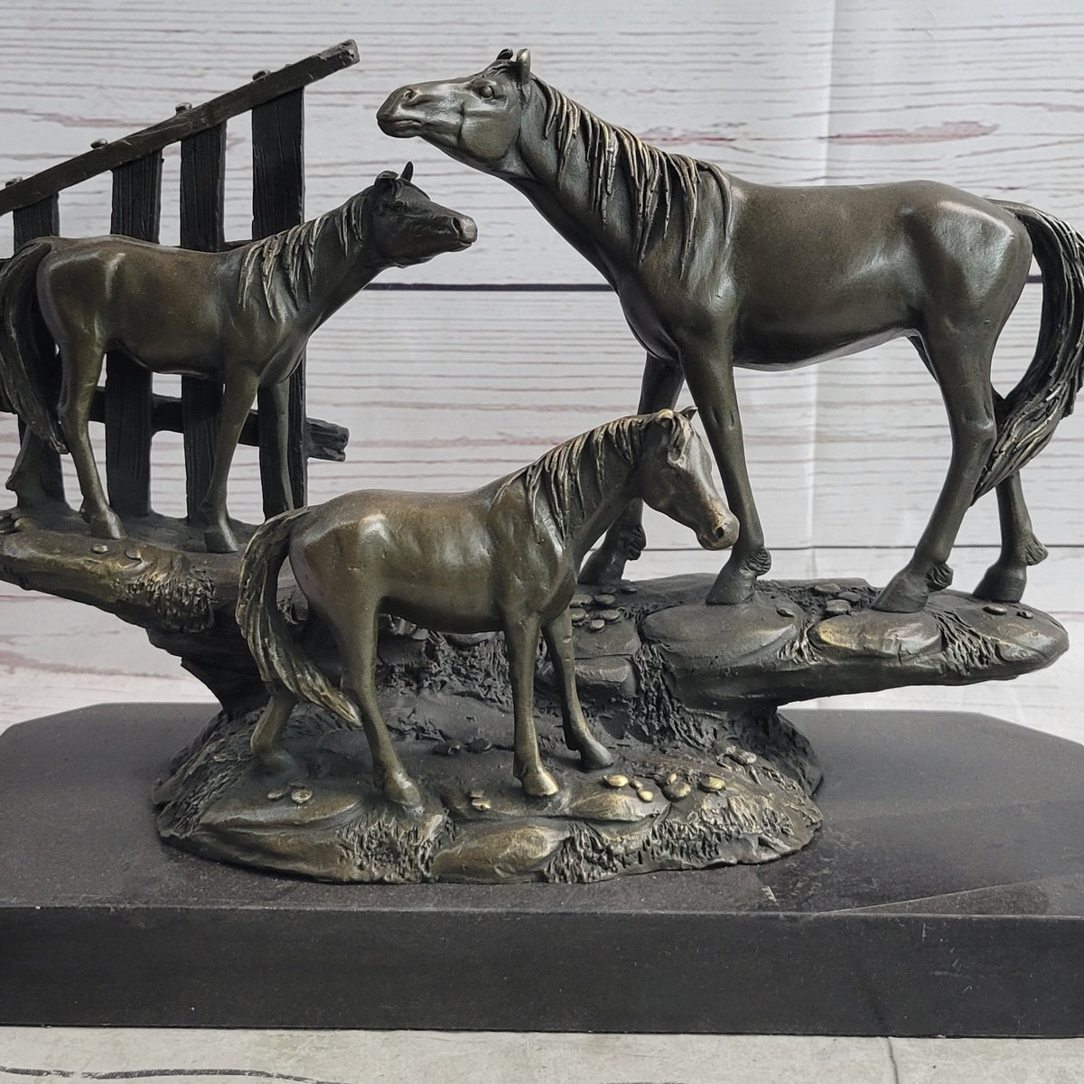 Horse Farm Horses Behind Stables Bronze Sculpture Statue Figure Equest ...