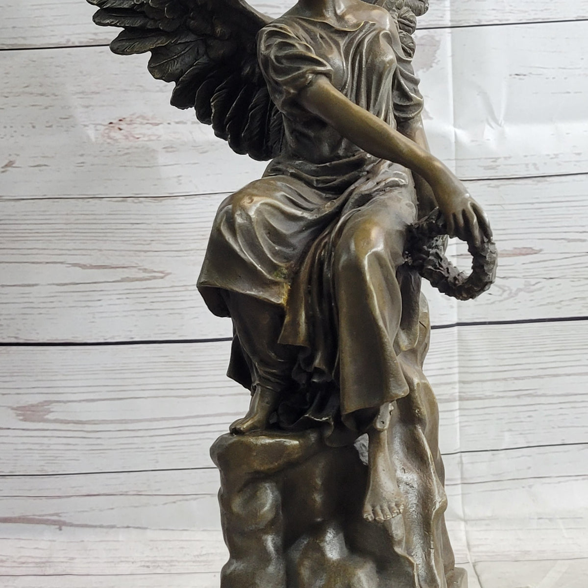 Bronze Statue of Seated Angel Holding Wreath Sculpture on Marble Base ...
