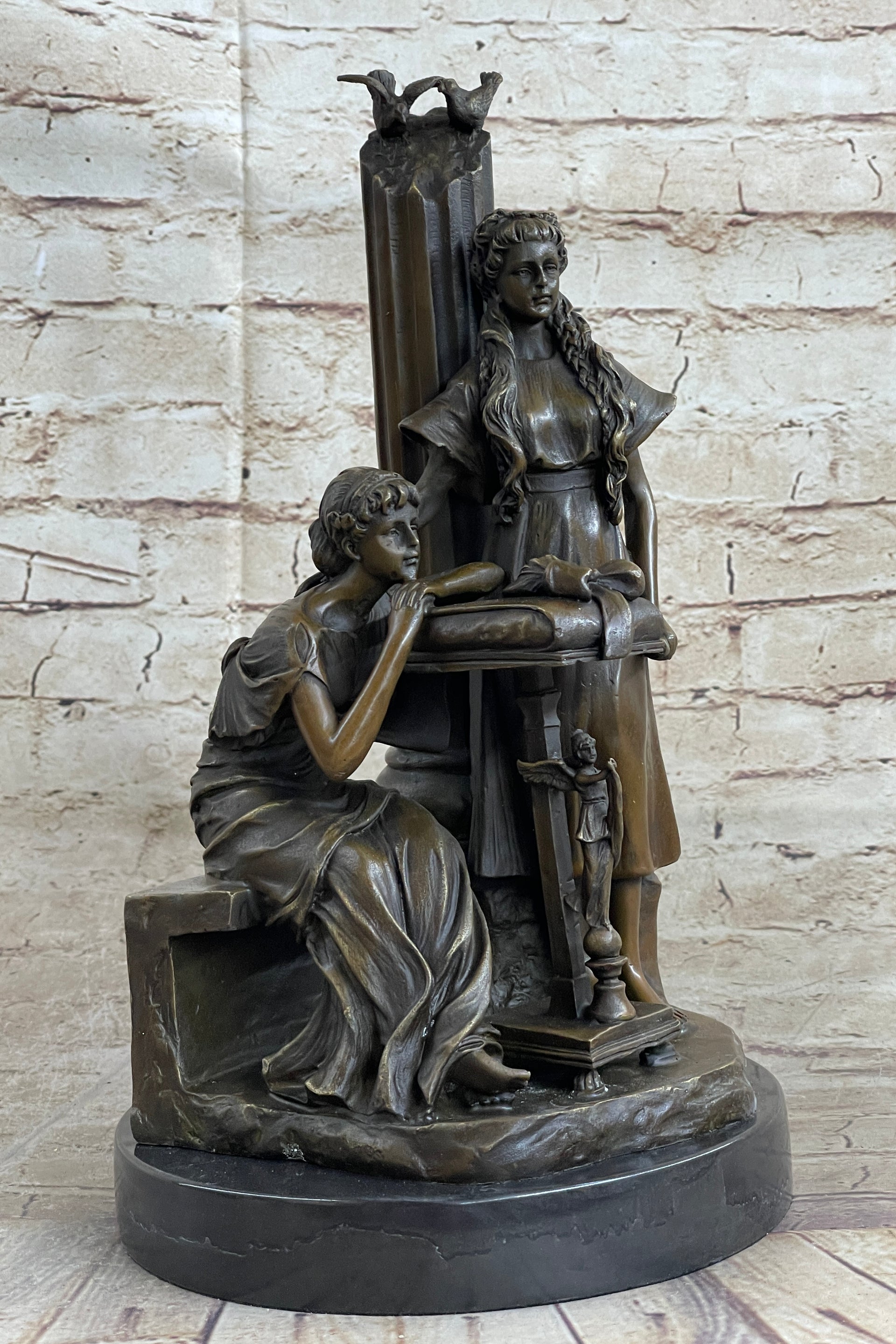 100% Solid Bronze Two Peasant Girls Declaring Their Love Statue ...