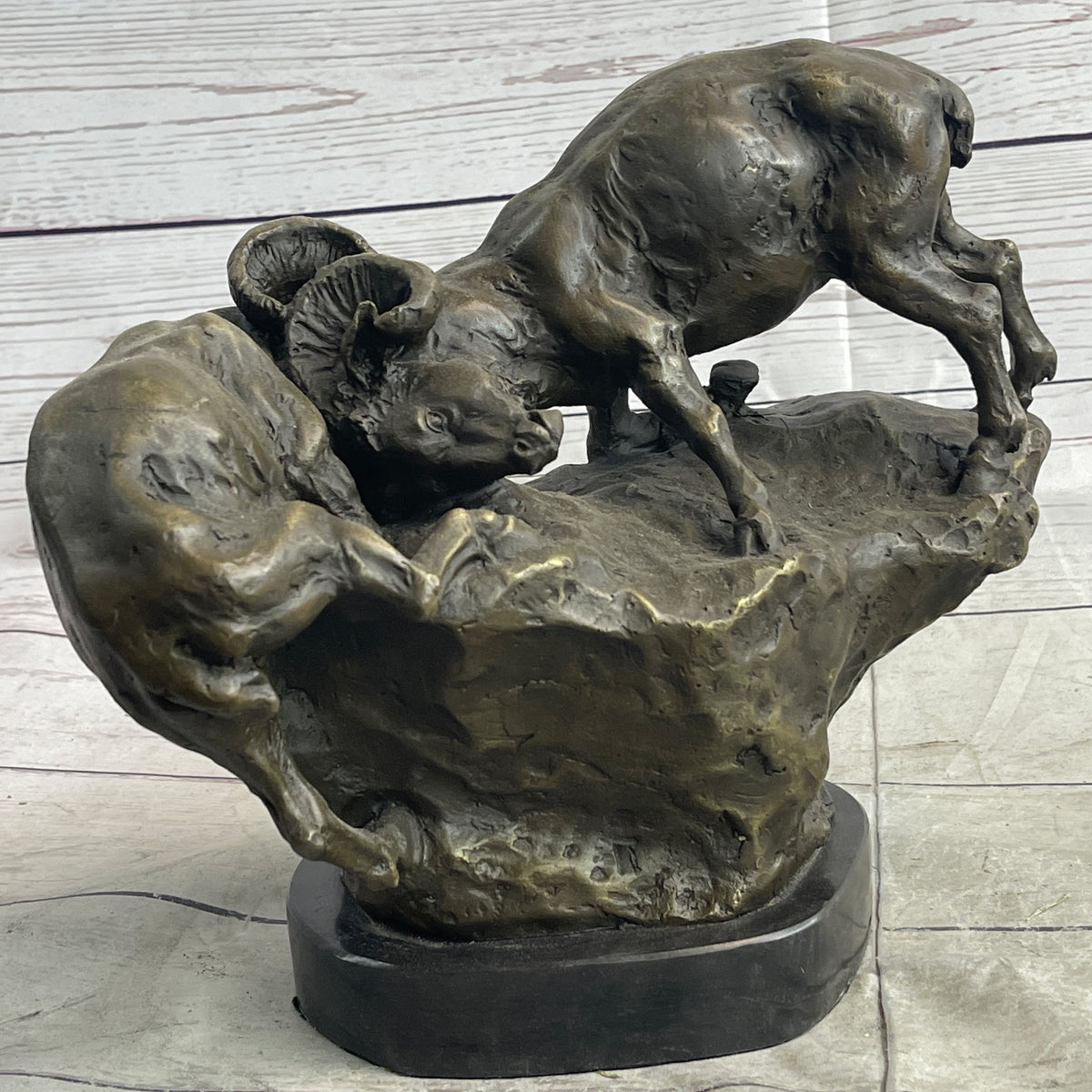 Two Rams Butting Heads Bronze Sculpture Statue Signed Art on Marble Ba ...
