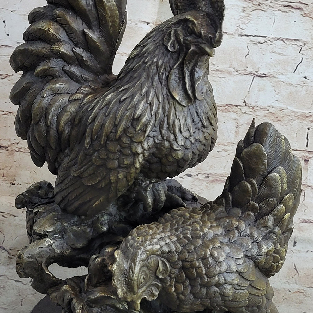 Two Roosters Chickens Bronze Metal Statue Sculpture Figure on Marble B ...