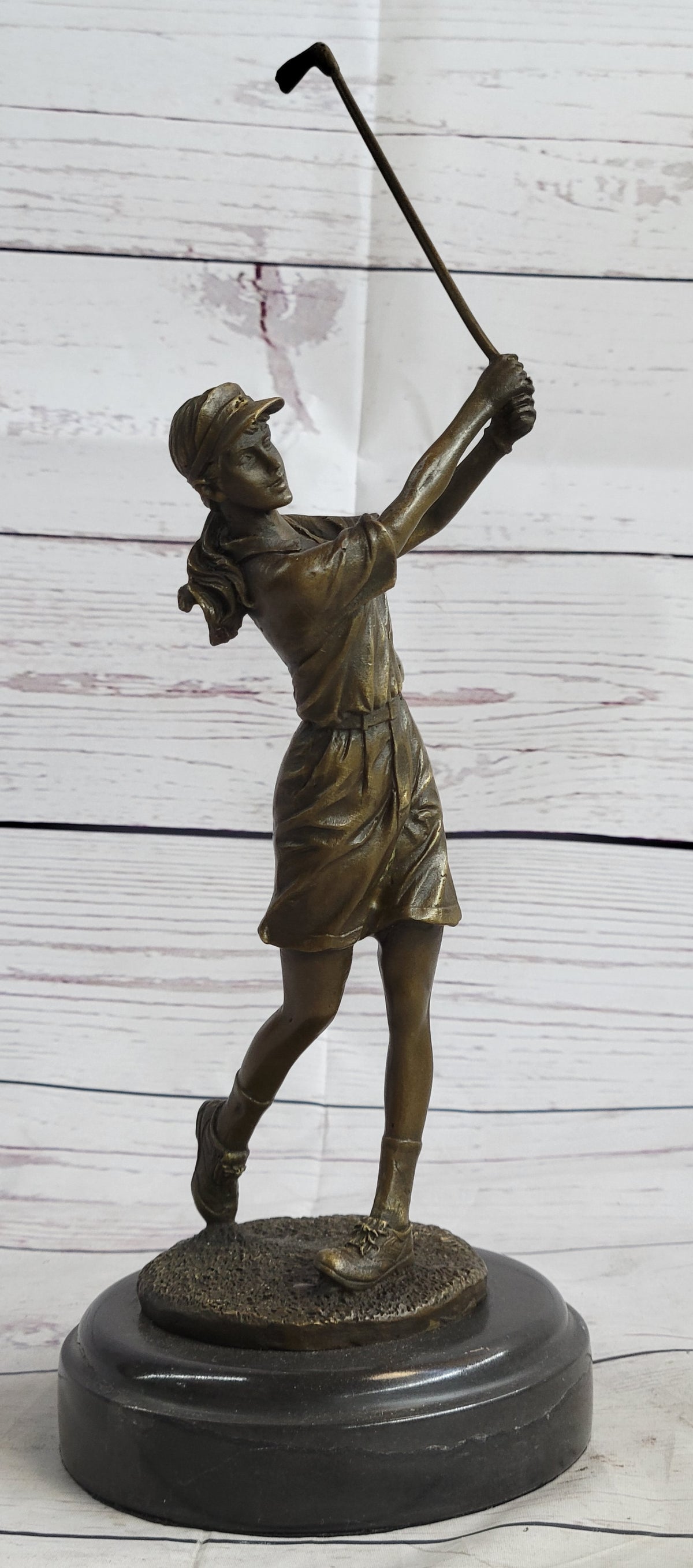 Bronze Statue Vintage Golfer Golf Female Golfing Trophy Sculpture Marb ...