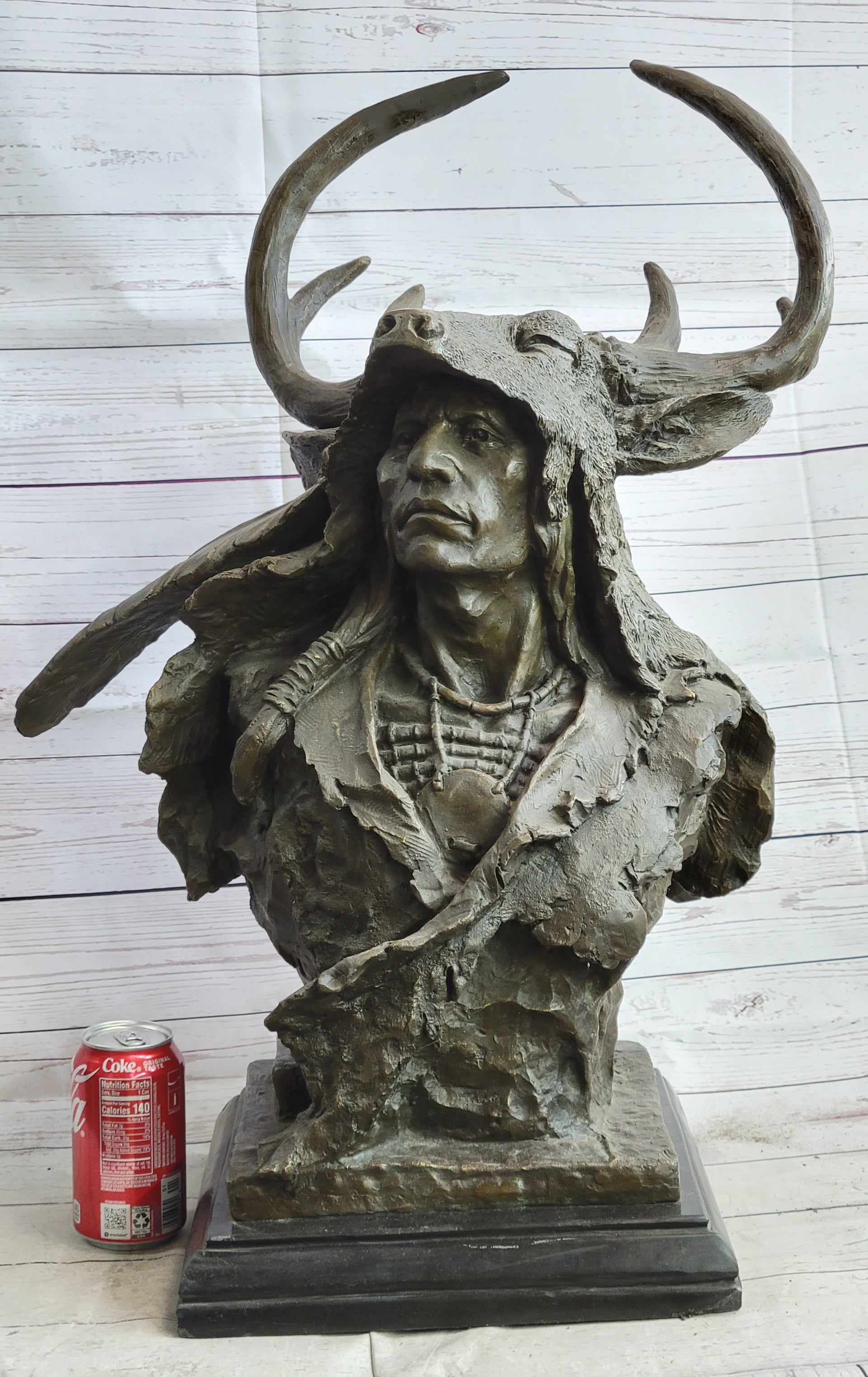 Native American Indian Chief in Antler Headdress Bronze Statue Sculptu ...