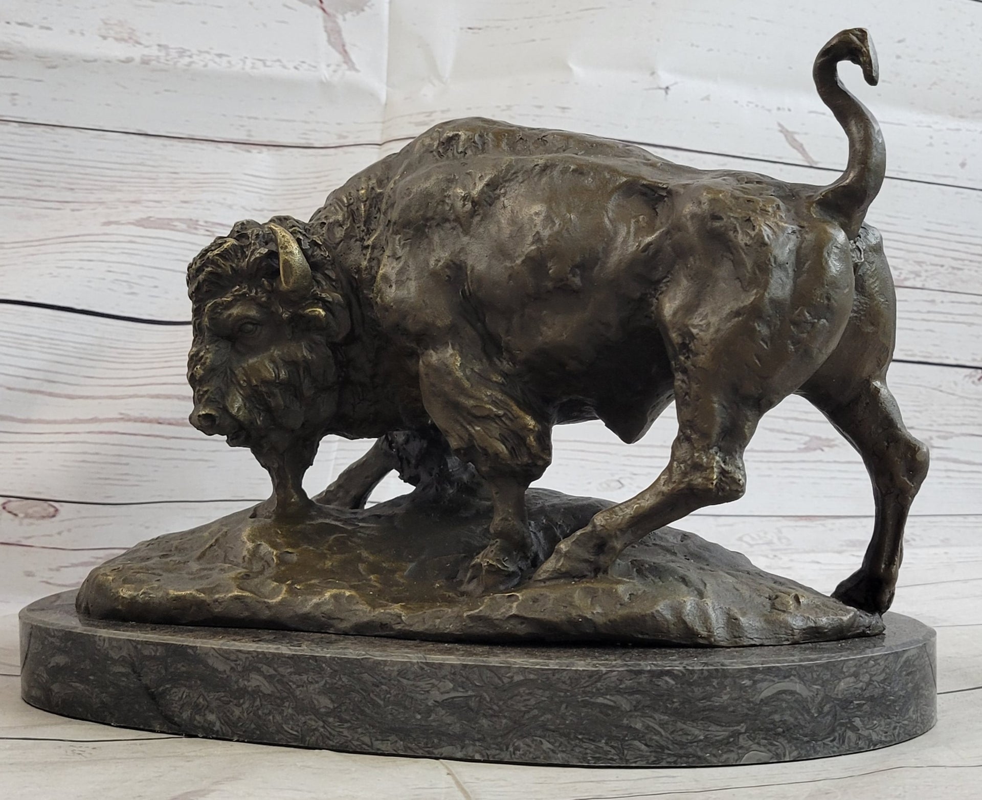 American Buffalo Bison Bull Bronze Sculpture by Barye on Marble Base F ...