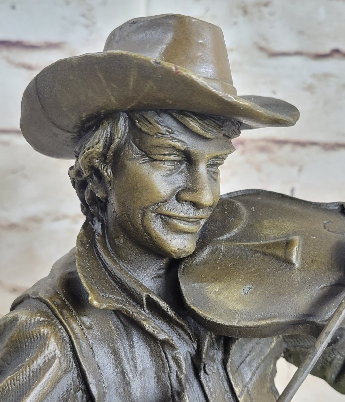 Cowboy Playing Violin Fiddle Music Bronze Sculpture Marble Statue Figu ...