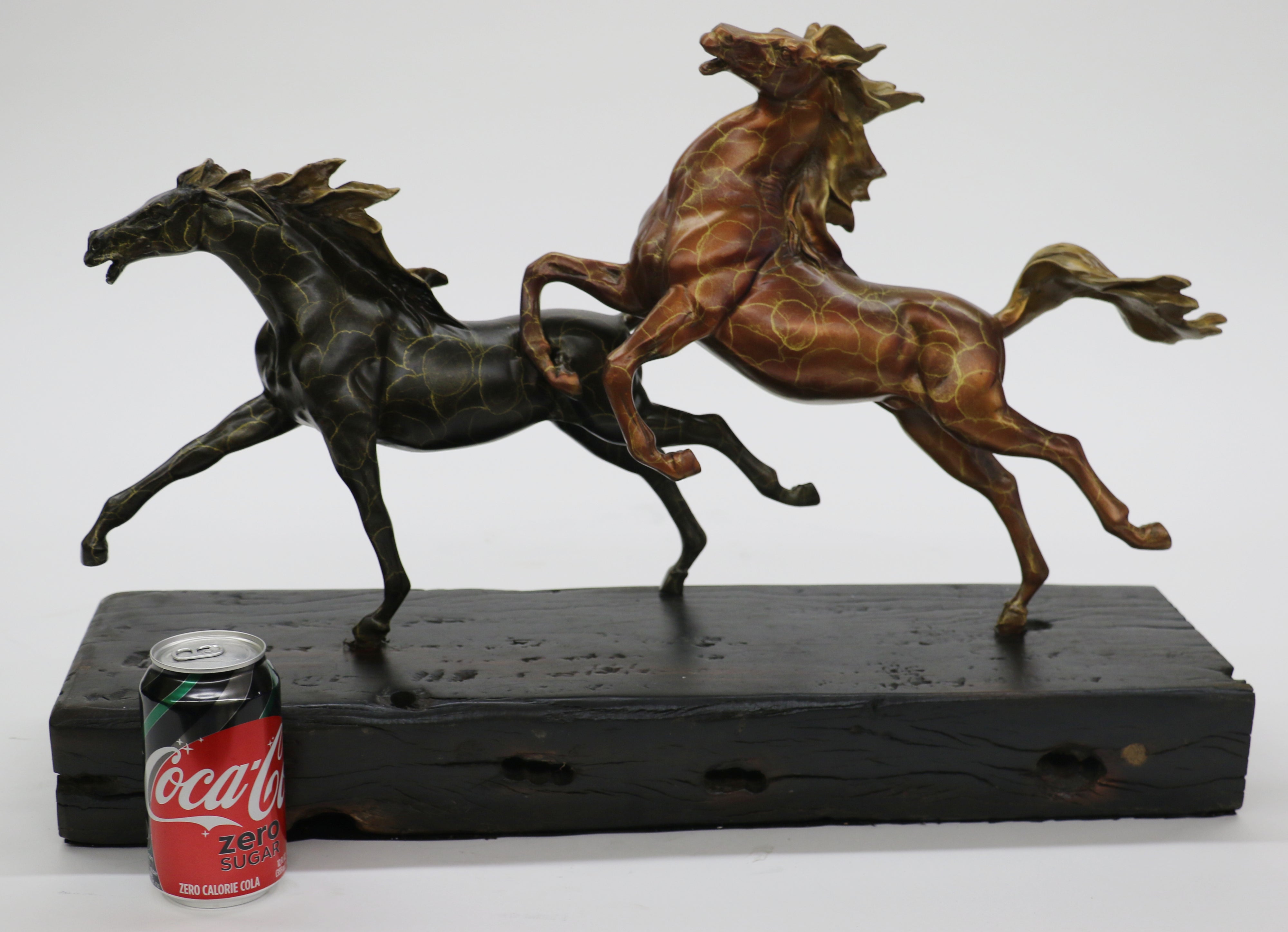 Extra Large Two Racing Horses Stallion on Natural Wood Bronze Sculptur ...
